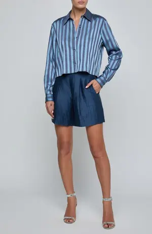 L'Agence Cosette Stripe High-low Crop Button-up Shirt - Blue Multi Stripe