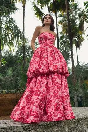 Mac Duggal Strapless Floral Brocade Ballgown
