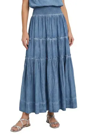 CHANGE OF SCENERY Smock Waist Slit Skirt - Stonewash