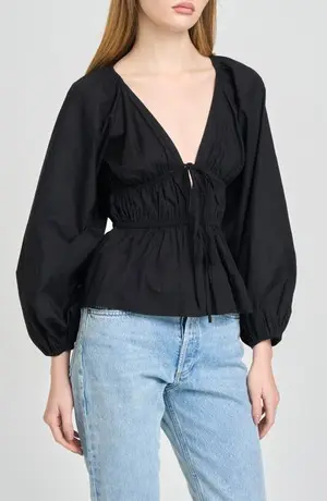 WAYF Jess Drawstring Cotton Poplin Top - Black