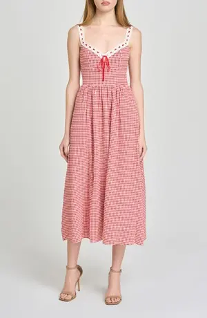WAYF Gingham Lace Trim Midi Dress