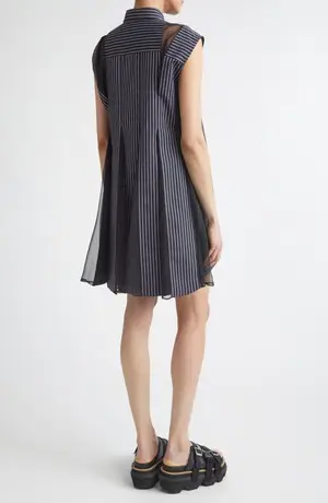 Sacai Stripe Cap Sleeve Poplin & Chiffon Shirtdress