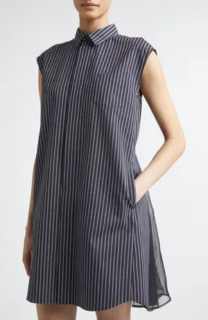 Sacai Stripe Cap Sleeve Poplin & Chiffon Shirtdress