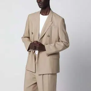 AMI Paris Double-breasted Virgin Wool Gabardine Jacket - Beige