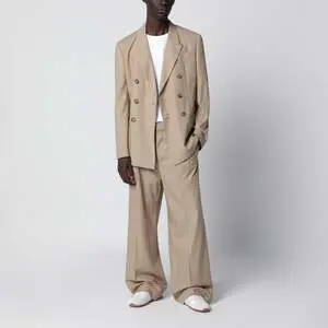 AMI Paris Double-breasted Virgin Wool Gabardine Jacket - Beige