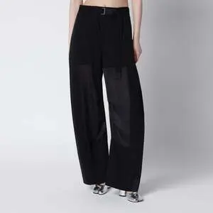 Sacai Wide-leg Wool Trousers With Panels And Belt - Black
