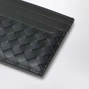Bottega Veneta Woven Leather Card Holder In Black And Blue - Multicolor