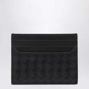 Bottega Veneta Woven Leather Card Holder In Black And Blue - Multicolor