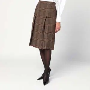 Saint Laurent Prince Of Wales Wool Midi Skirt - Brown