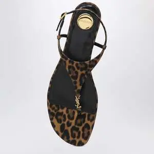 Saint Laurent Cassandre Leopard-print Grosgrain Sandals - Brown