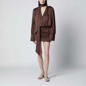 ROTATE BY BIRGER CHRISTENSEN Short Chiffon Dress With Deep V-neck And Bow - Brown