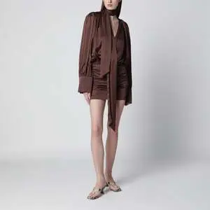 ROTATE BY BIRGER CHRISTENSEN Short Chiffon Dress With Deep V-neck And Bow - Brown