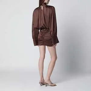 ROTATE BY BIRGER CHRISTENSEN Short Chiffon Dress With Deep V-neck And Bow - Brown
