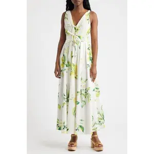 Moon River Plissé Tie Front Cotton Maxi Dress - White Multi