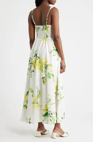 Moon River Plissé Tie Front Cotton Maxi Dress - White Multi
