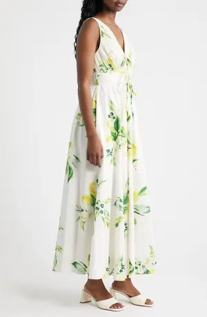 Moon River Plissé Tie Front Cotton Maxi Dress - White Multi