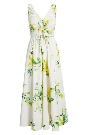 Moon River Plissé Tie Front Cotton Maxi Dress - White Multi