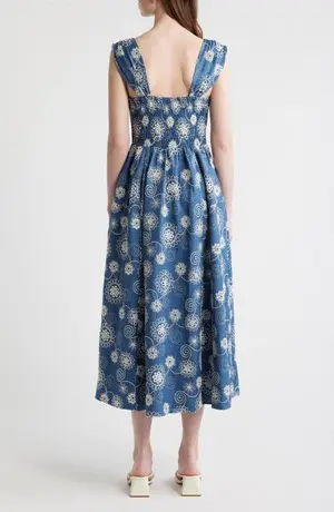 ZOE AND CLAIRE Embroidered Cap Sleeve Chambray Midi Dress - Denim