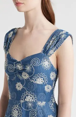 ZOE AND CLAIRE Embroidered Cap Sleeve Chambray Midi Dress - Denim