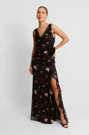 SIX STORIES Floral Cowl Front Maxi Dress