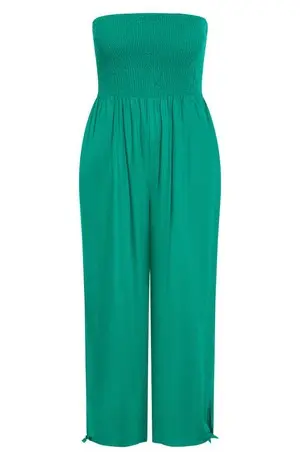 City Chic Ally Smocked Strapless Wide Leg Jumpsuit - Green