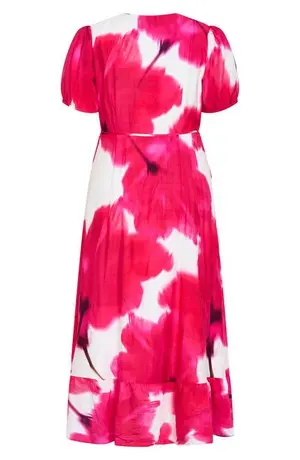 City Chic Floral Print Wrap Midi Dress - Raspberry Bloom
