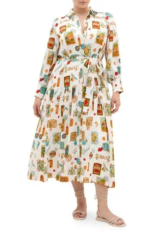 City Chic Printed Long Sleeve Shirtdress - Creme