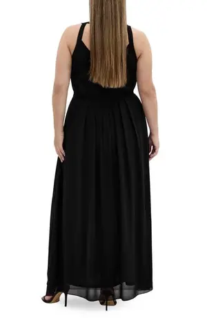 City Chic Lace Bodice Pleated Dress - Black