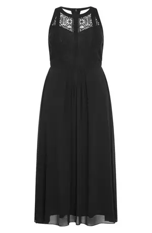City Chic Lace Bodice Pleated Dress - Black