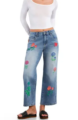 BILLY T Blossom Embroidered Wide-leg Jeans