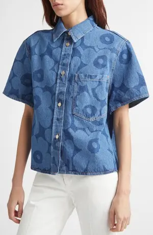 Marimekko Maridenim Kuvata Unikko Floral Print Top - Mid Indigo