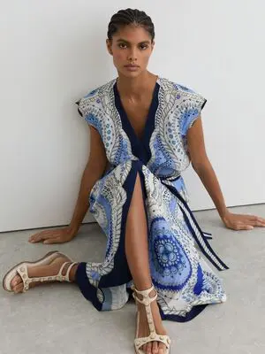 REISS Scarf-print Belted Midi Dress