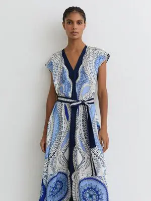 REISS Scarf-print Belted Midi Dress