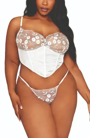 DREAMGIRL Underwire Satin & Sheer Mesh Bustier & G-string Set - White