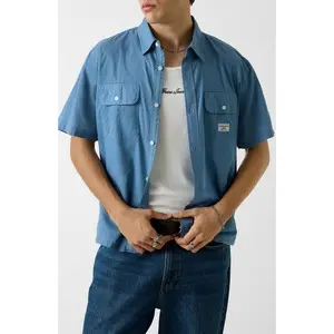 Guess Boxi Crop Short Sleeve Cotton Button-up Shirt - Blue