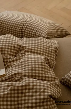 EVER LASTING Gingham Washed Cotton Bedding Set - Brown Gingham/ Fitted