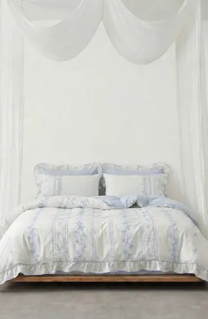 EVER LASTING Embroidered French Lace Ruffle Bedding Set - Blue/fitted