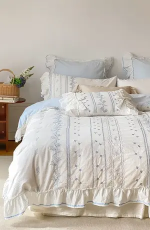 EVER LASTING Embroidered French Lace Ruffle Bedding Set - Blue/fitted