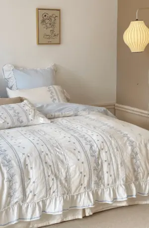 EVER LASTING Embroidered French Lace Ruffle Bedding Set - Blue/fitted