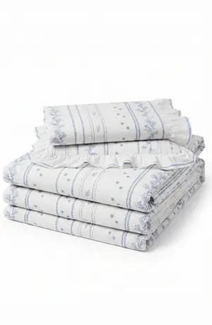 EVER LASTING Embroidered French Lace Ruffle Bedding Set - Blue/flat