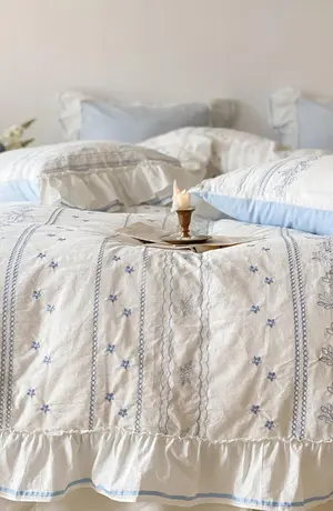 EVER LASTING Embroidered French Lace Ruffle Duvet Cover