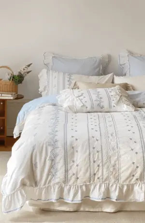 EVER LASTING Embroidered French Lace Ruffle Duvet Cover