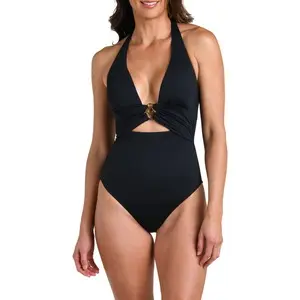 La Blanca Island Goddess Plunge One-piece Swimsuit - Black