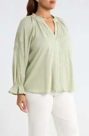 LIVERPOOL Rickrack Front Button Cotton Top