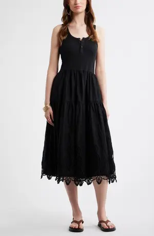 Treasure & Bond Embroidered Mixed Media Henley Tank Dress - Black