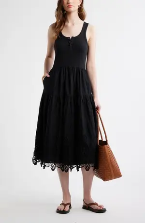 Treasure & Bond Embroidered Mixed Media Henley Tank Dress - Black