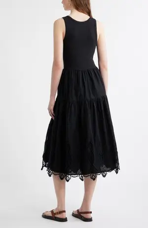 Treasure & Bond Embroidered Mixed Media Henley Tank Dress - Black