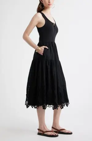 Treasure & Bond Embroidered Mixed Media Henley Tank Dress - Black