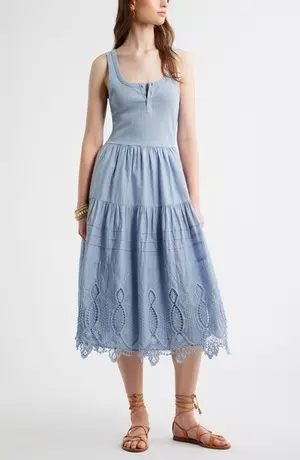 Treasure & Bond Embroidered Mixed Media Henley Tank Dress - Blue Blizzard