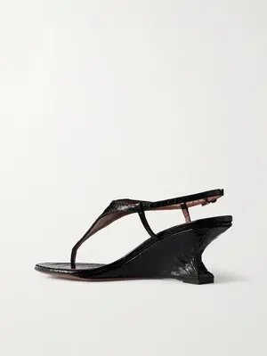 Paris Texas Nina Snake-effect Leather Thong Wedge Sandals - Black